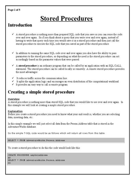 stored procedures page 1 of 5 pdf parameter computer programming subroutine