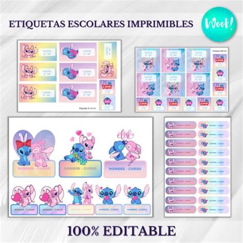 Kit Imprimible Etiquetas Escolares Stitch Y Angel Editables Wook