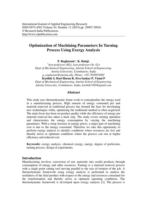 pdf optimization of machining parameters in turning process using exergy analysis
