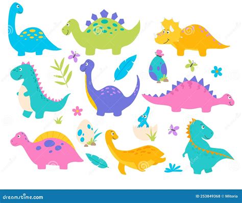Cute Cartoon Dinosaur Collection Dino Characters Comic Flat Style