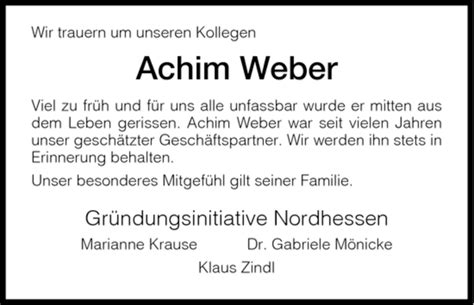 Traueranzeigen Von Achim Weber Trauer HNA De