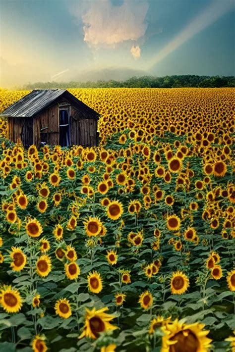 Dilapidated Shack In A Sunflower Field Sliced In Half Stable