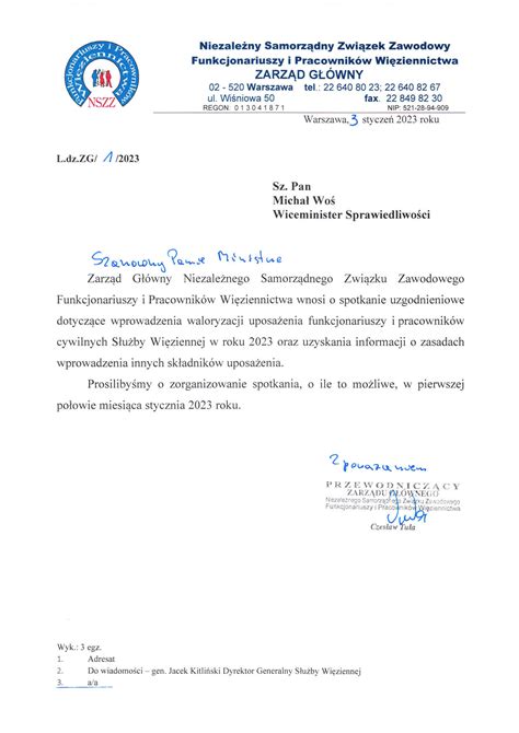 Pismo Zarządu Głównego NSZZFiPW skierowane do Wiceministra