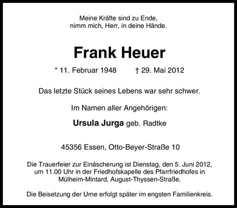Traueranzeigen Von Frank Heuer Trauer In NRW De