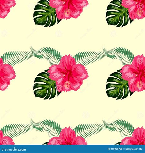 Motif Sans Couture Avec Des Feuilles Tropicales Fleurs D Hibiscus