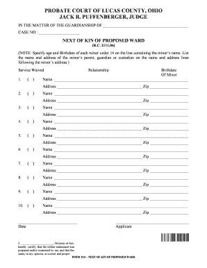 Fillable Online Lucas Co Probate Ct Form 15 0 Next Of Kin Of Proposed