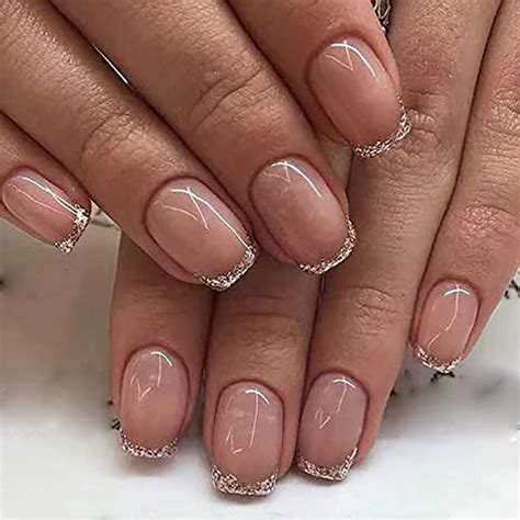 Vatocu Carré Brillant Faux Ongles Français Court Faux Ongles Glitter