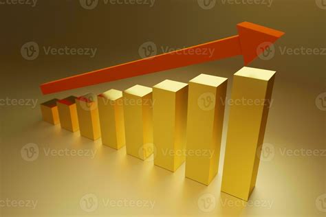 D Render Of Golden Bar Graph Growth And Up Arrow Stock Photo