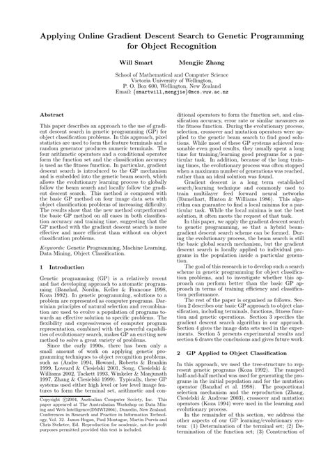 pdf applying online gradient descent search to genetic programming for object recognition