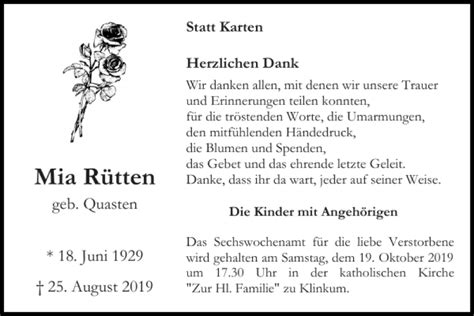 Traueranzeigen Von Mia R Tten Aachen Gedenkt