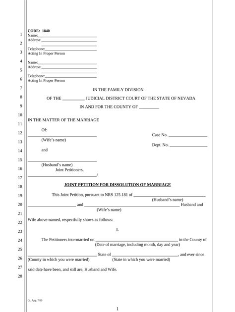 Joint Petition For Divorce Carson Co Nevada Fillable Form Printable