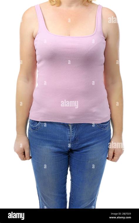 Chubby Woman S Body In Pink Shirt And Jeans Isolated On White Stock