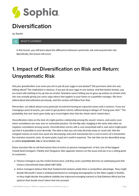diversification specifically this lesson will cover 1 impact of diversification on risk and