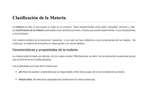 Estados Y Clasificacion DE LA Materia Clasificación de la Materia La