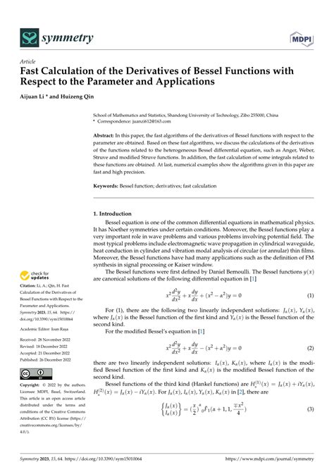 pdf fast calculation of the derivatives of bessel functions with respect to the parameter and