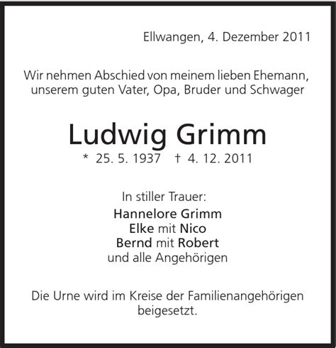 Traueranzeigen Von Ludwig Grimm OstalbTrauer