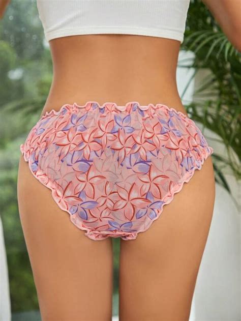 Floral Print Lettuce Trim Panty SHEIN UK