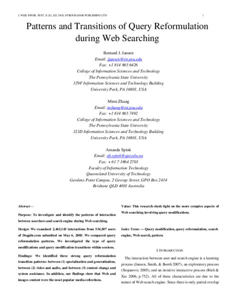 pdf patterns and transitions of query reformulation during web searching jim jansen