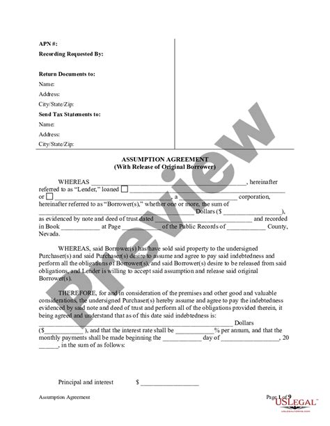 Nevada Assumption Agreement Of Deed Of Trust And Release Of Original