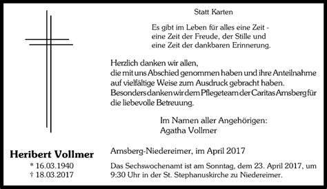 Traueranzeigen Von Heribert Vollmer Trauer In NRW De
