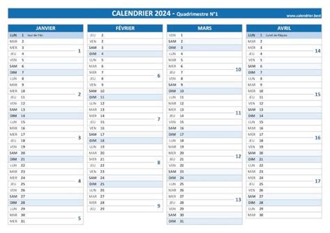 Calendrier 2024 quadrimestriel à imprimer