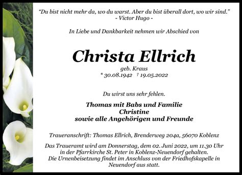 Traueranzeigen Von Christa Ellrich Rz Trauer De