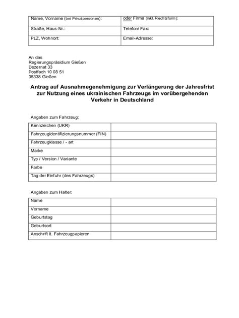 Ausfüllbar Online Antrag auf Ausnahmegenehmigung zur Verlngerung der