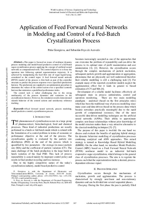 pdf application of feed forward neural networks in modeling and control of a fed batch