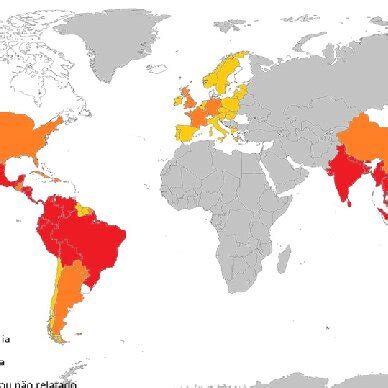 Mapa demonstrando países afetados pela dengue Número de casos de