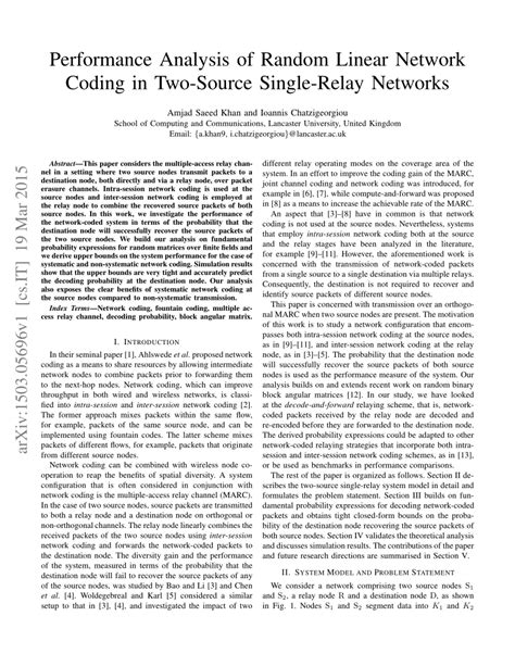 pdf performance analysis of random linear network coding in two source single relay networks