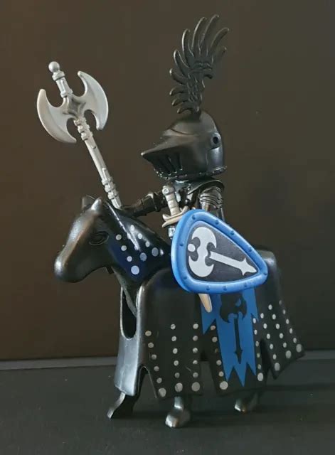 Playmobil Chevalier Noir Double Hache Cheval En Carapacon Moyen Age