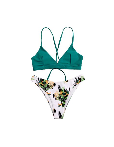 Costum De Baie Doua Piese Sutien Turcoaz Si Slip Alb Cu Floricele