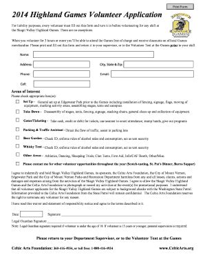 Fillable Online Celticarts Print Form 2014 Highland Games Volunteer