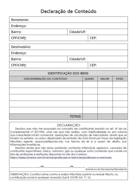 Declara O De Conte Do Correios Online