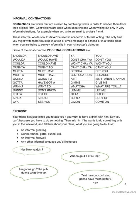Informal Contractions Creative Writi Fran Ais Fle Fiches Pedagogiques
