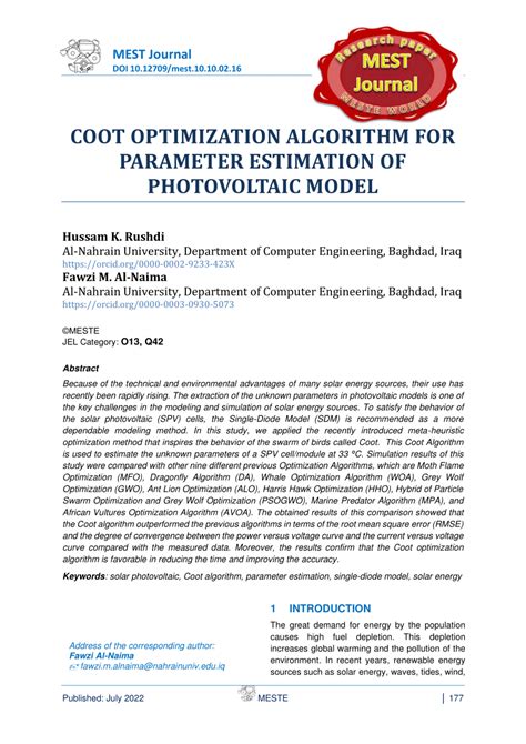 pdf coot optimization algorithm for parameter estimation of photovoltaic model