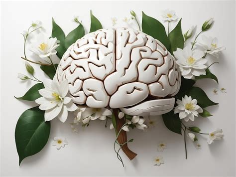 El Cerebro Humano Blanco Con Flores Y Hojas Concepto De Salud Mental