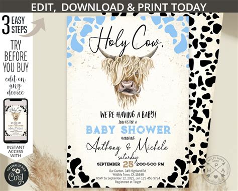 Holy Cow Baby Shower Invitation Highland Cow Boho Blue Boy Black Ranch