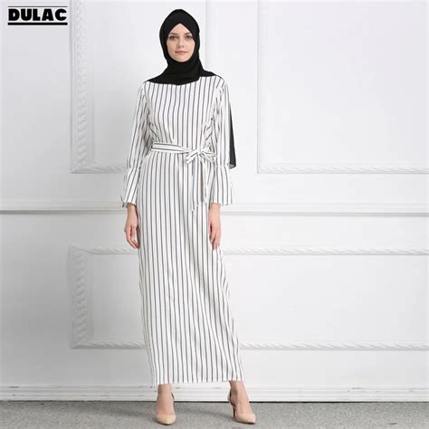 Ramadan Abaya Muslims Gown Women Fashion O Neck Stripe Elegant