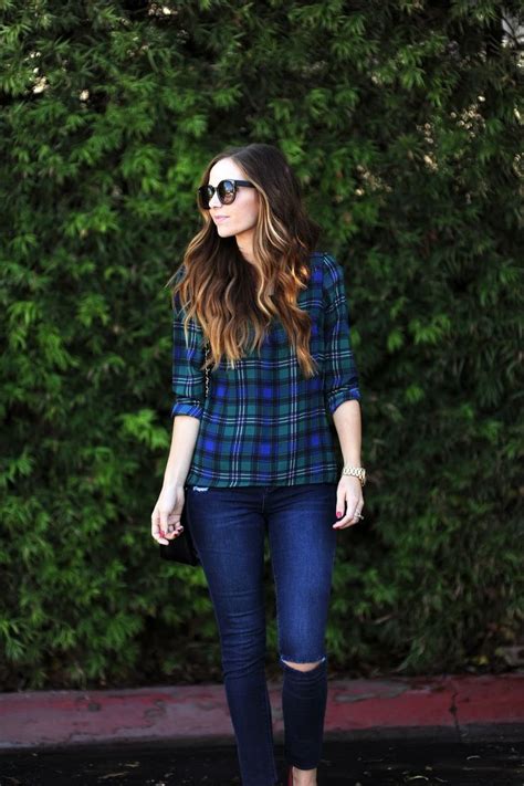 Blue And Green Plaid Blouse With Distressed Jeans Merrick S Art