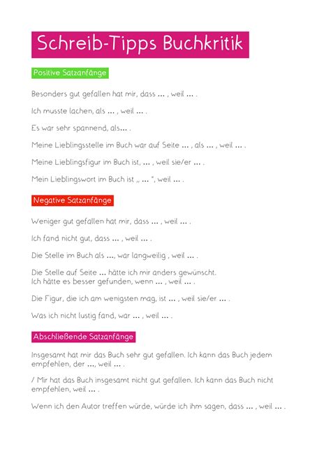 Schreib Tipps Buchkritik Unterrichtsmaterial Im Fach Deutsch