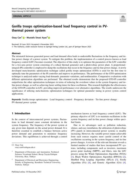 pdf gorilla troops optimization based load frequency control in pv thermal power system