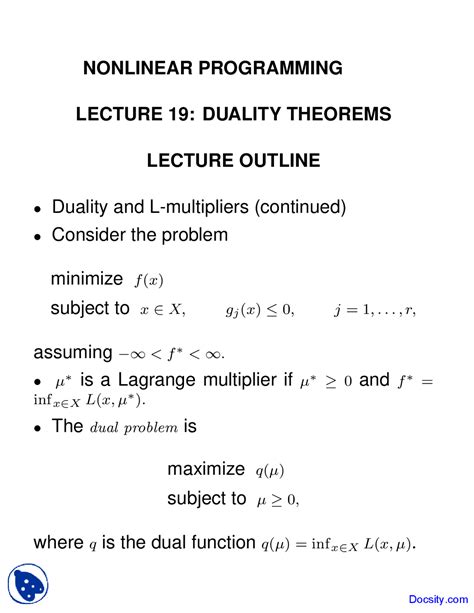 duality theorems nonlinear programming lecture slides docsity