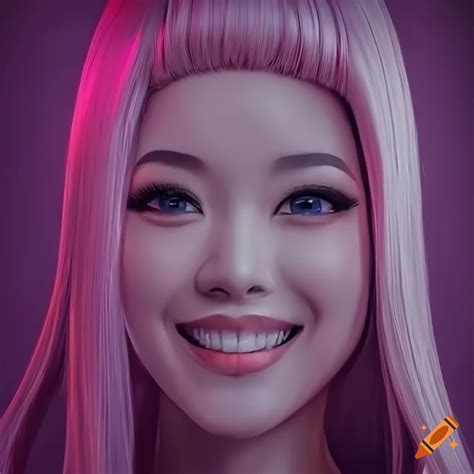 Close Up Portrait Of A Smiling Woman With Pink Hair And Black Ribbon