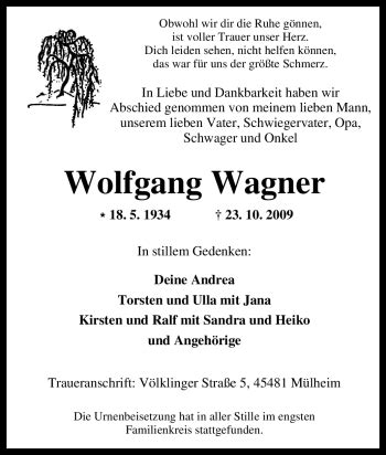 Traueranzeigen Von Wolfgang Wagner Trauer In NRW De