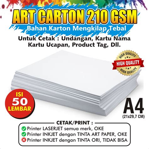 Jual Art Karton 210 Gsm A4 Isi 50 Lbr Kertas Carton Paper Glossy 210