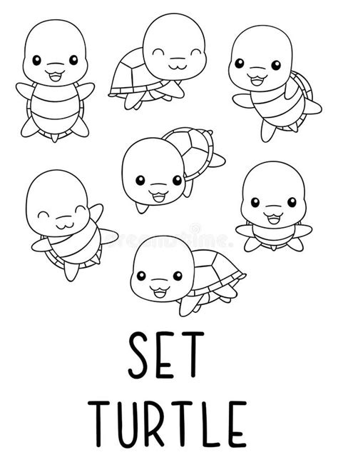 Coloring Pages Black And White Set Cute Kawaii Hand Drawn Turtle