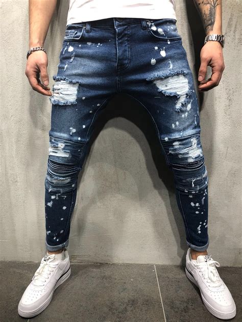 2020 Mens Jeans Straight Slim Fit Biker Jeans Pants Distressed Skinny
