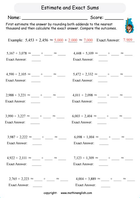 estimate the sum of 2 4 digit numbers up to 100 grade 4 estimation and addition worksheet that