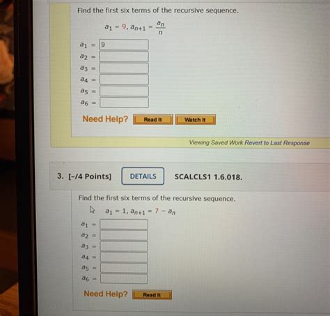 solved find the first six terms of the recursive sequence